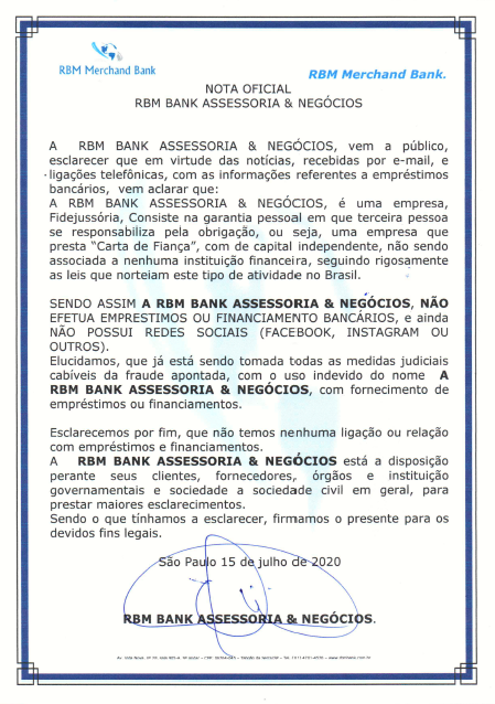 RBM BANK – Assessoria & Negócios